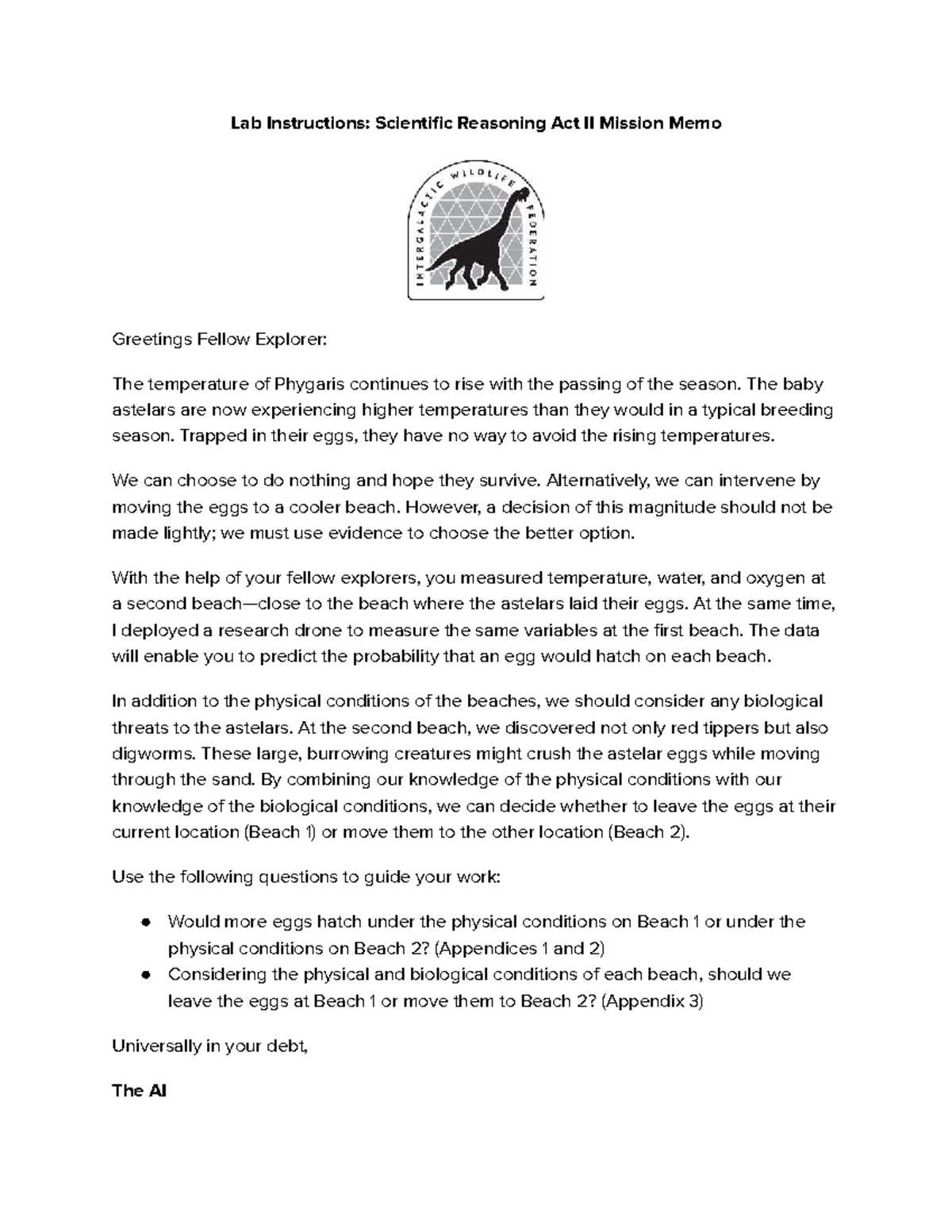 Lab Instructions: Scientific Reasoning Act II - Astelar Egg Hatching ...