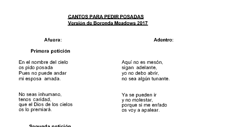 CANTOS PARA PEDIR POSADAS - Canción de Boronda Meadows 2017 - Studocu