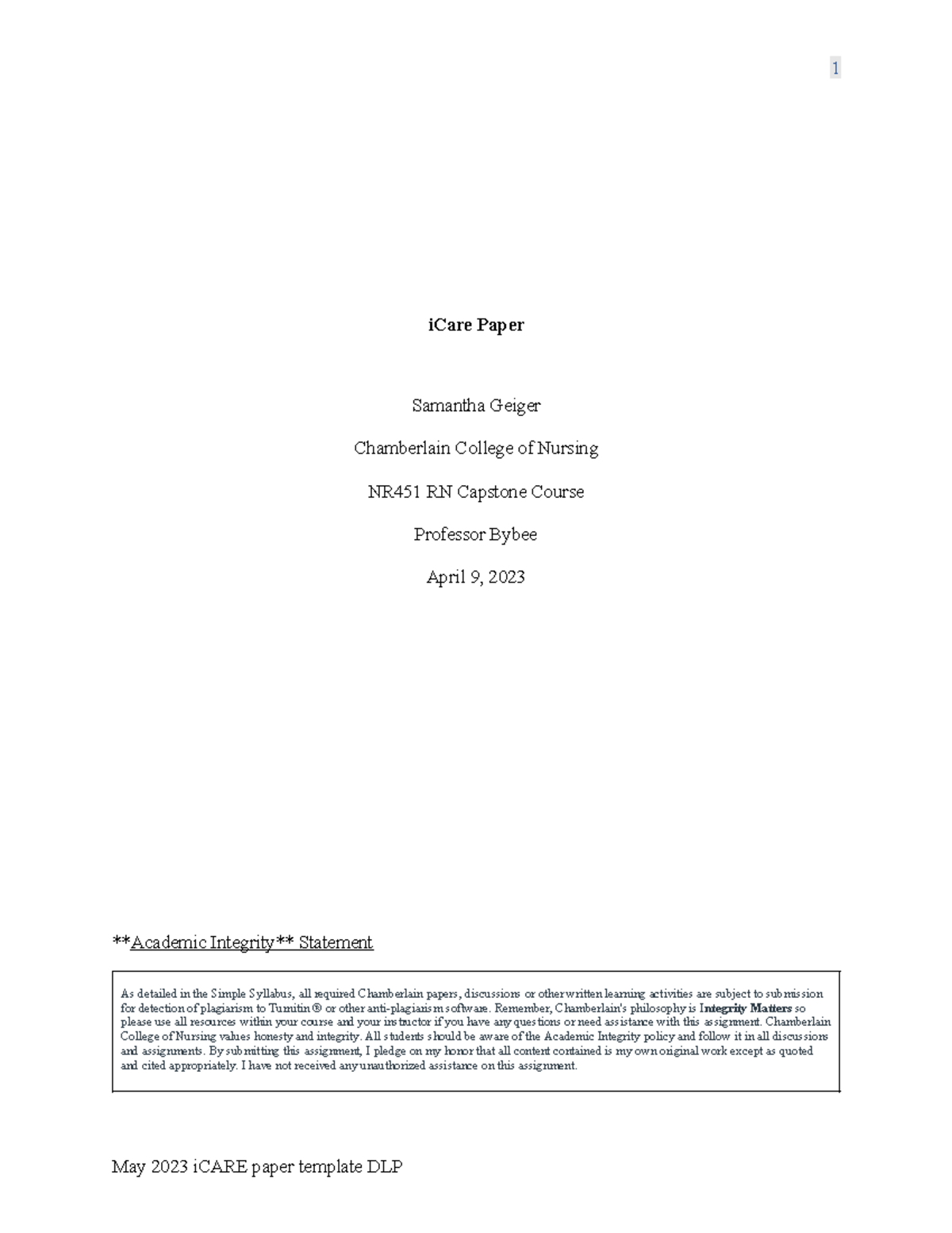iCare Paper: Enhancing Patient Care in NR451 Capstone Course - Studocu