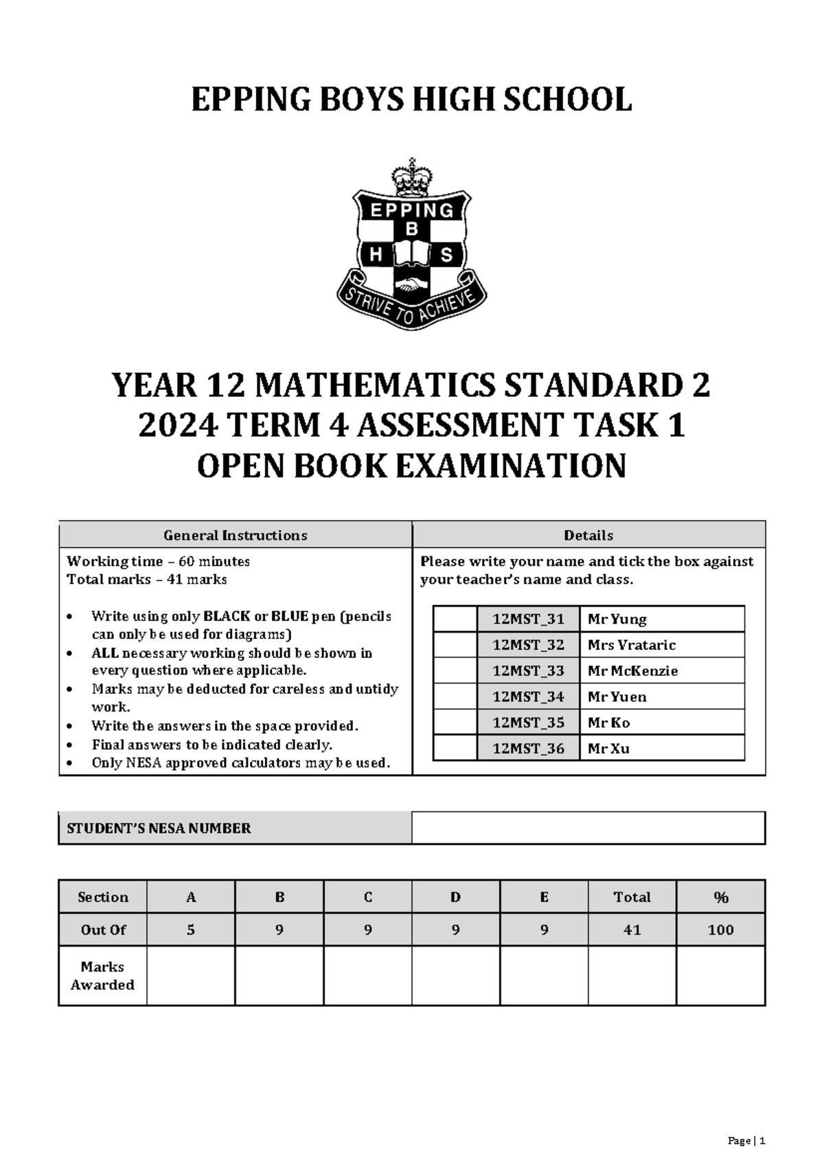 2024 Yr12 Mathematics Standard 2 T4 Assessment Task 1 Open Book Exam ...