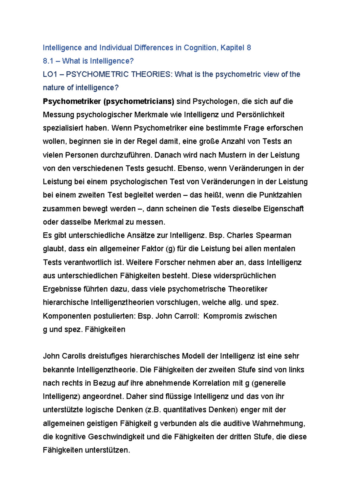 Intelligence and Individual Differences in Cognition: Chapter 8 Overview - Studocu