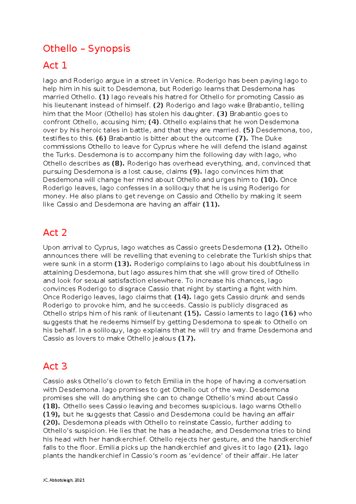Othello Act 1-3 Synopsis: Iago's Manipulations and Betrayals - Studocu