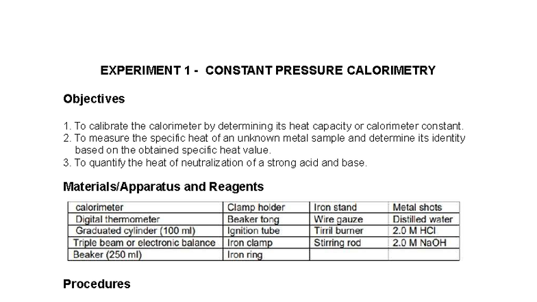 Experiment 1: Constant Pressure Calorimetry (090924) - Studocu