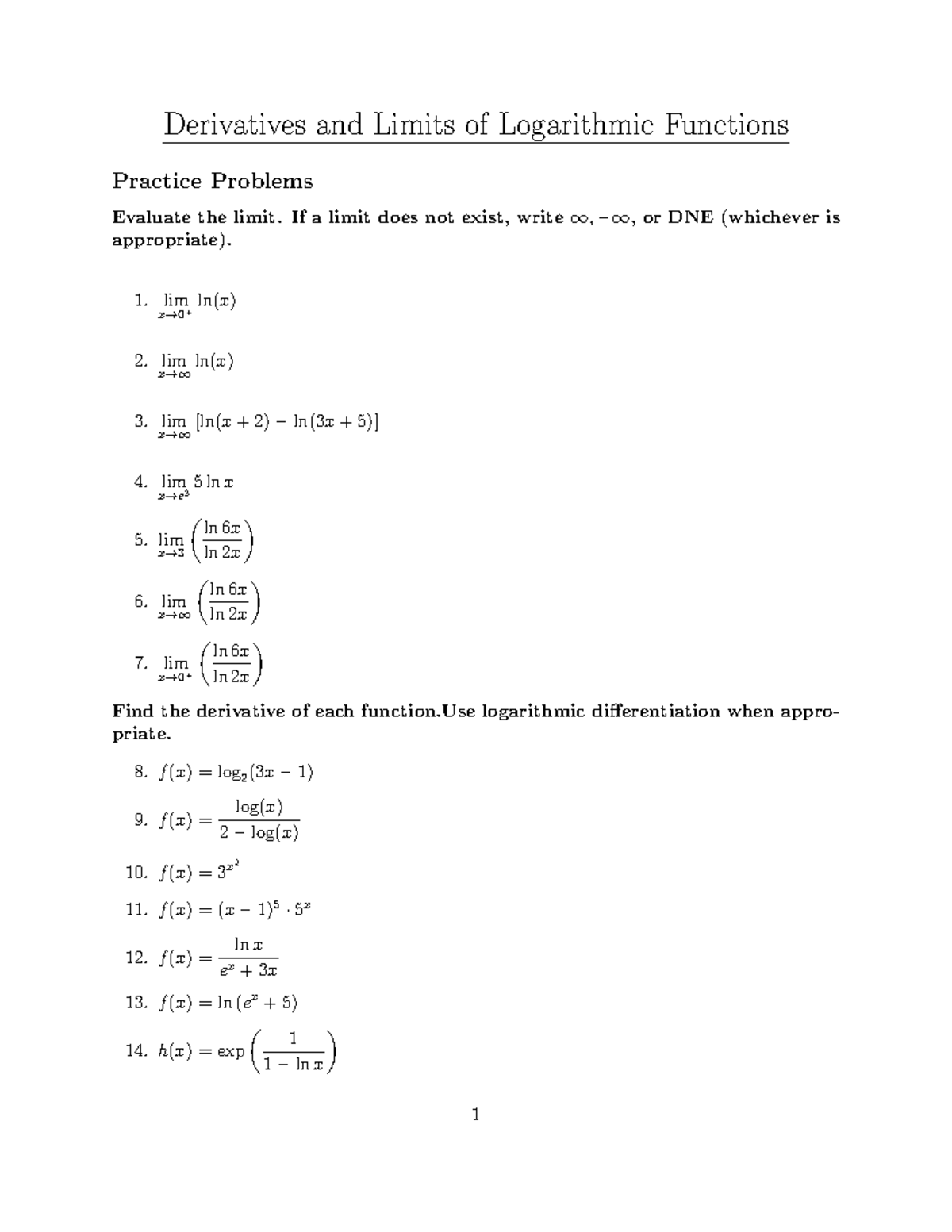 Week 3(2) - Derivatives & Limits of Logarithmic Functions Practice ...
