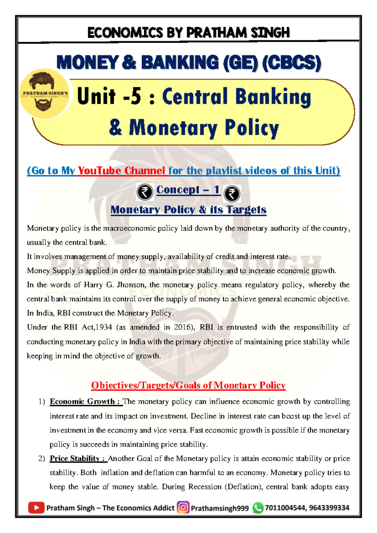 ECONOMICS (GE) (CBCS) Unit 5: Central Banking & Monetary Policy ...