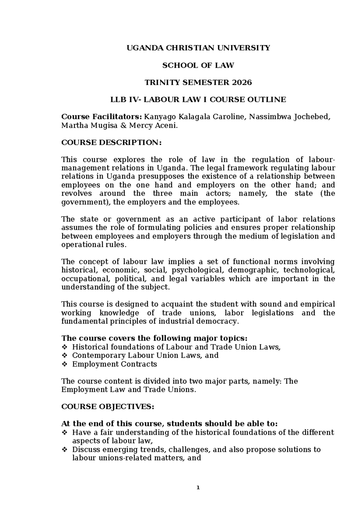 Labour Law I Course Outline (LLB) - Trinity Semester 2026 - Studocu