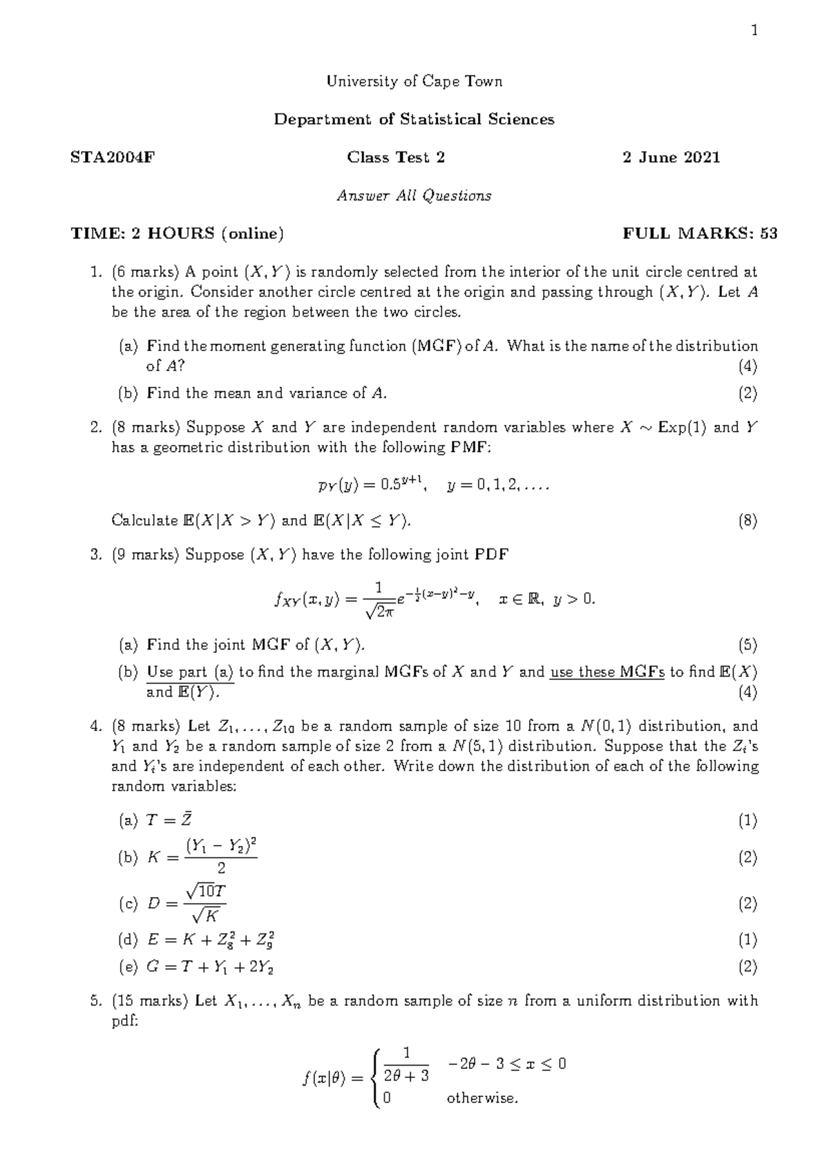 STA2004F Class Test 2 Solutions - 2 June 2021 - Studocu