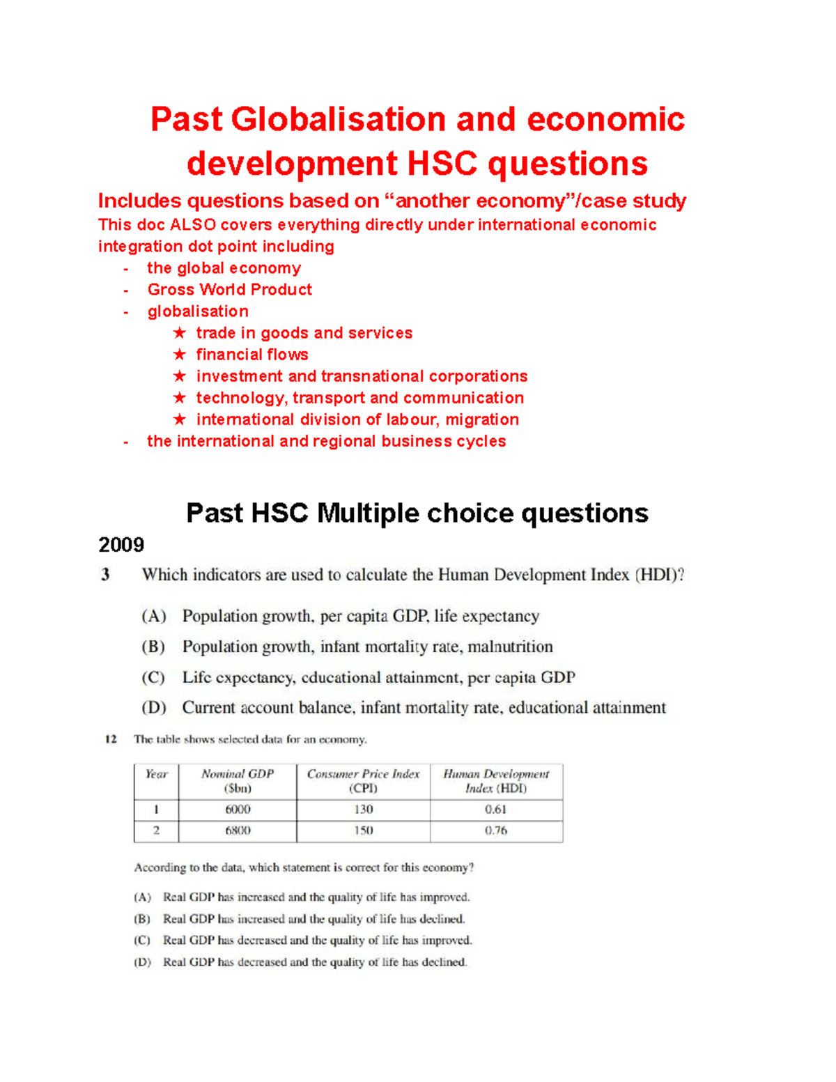 HSC Economics: Past Globalisation & Economic Development Questions ...