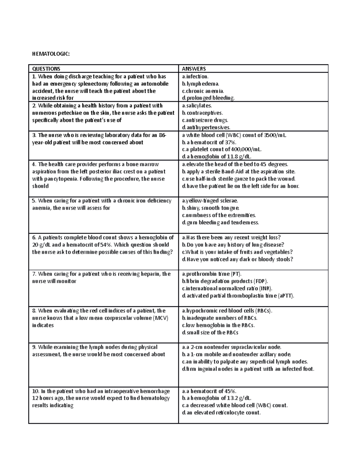 HEMA MS Questions - HEMATOLOGIC: QUESTIONS ANSWERS When doing discharge ...