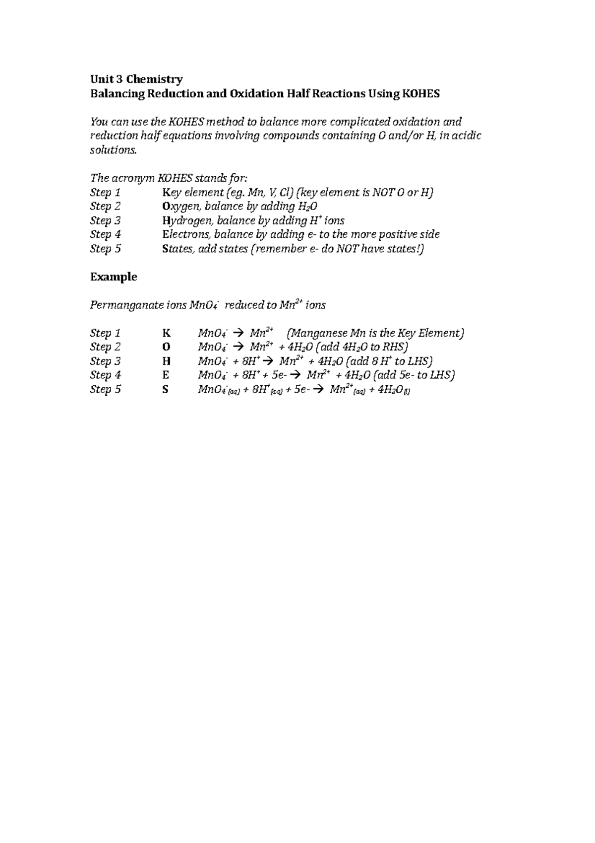 KOHES Method for Balancing Redox Equations in Chemistry Unit 3 - Studocu