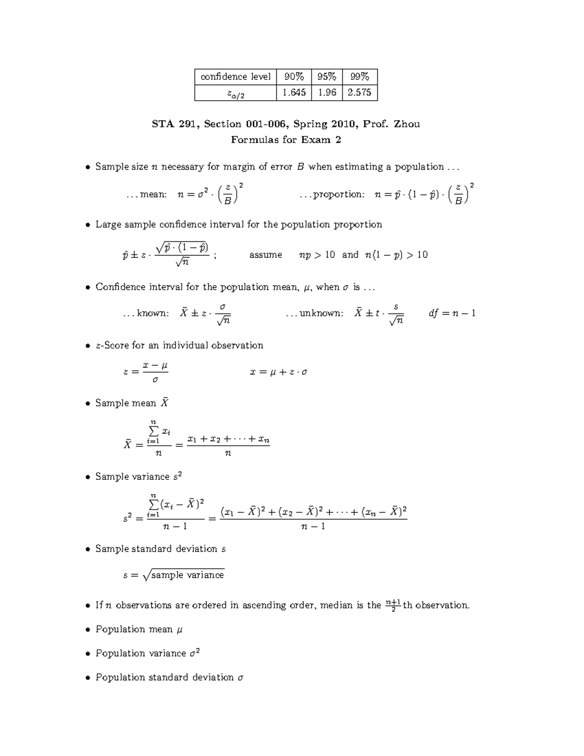Formula Sheet for STA 291 Exam 2 - Confidence Intervals & Sample Size ...