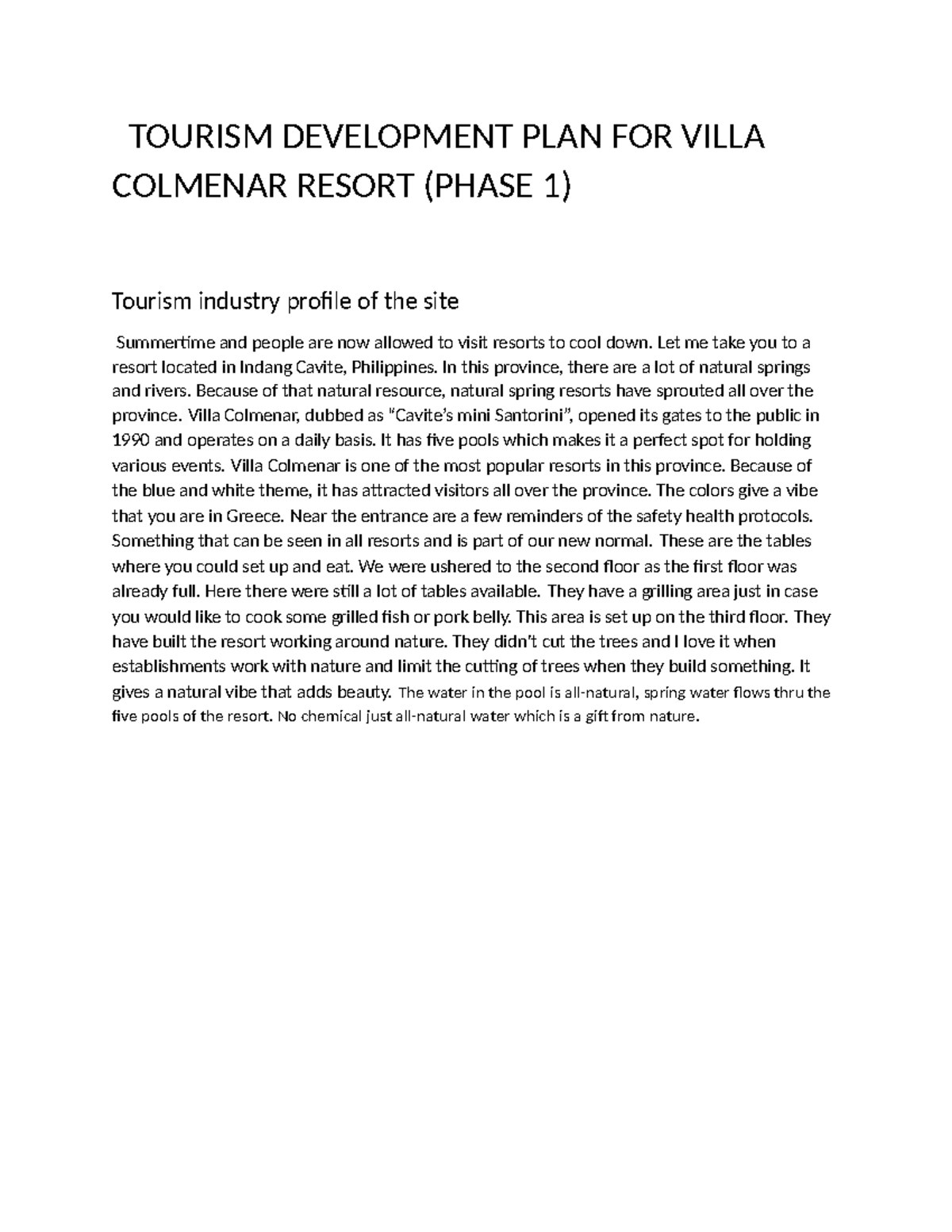 Tourism Development Plan for Villa Colmenar Resort (Phase 1) - Studocu
