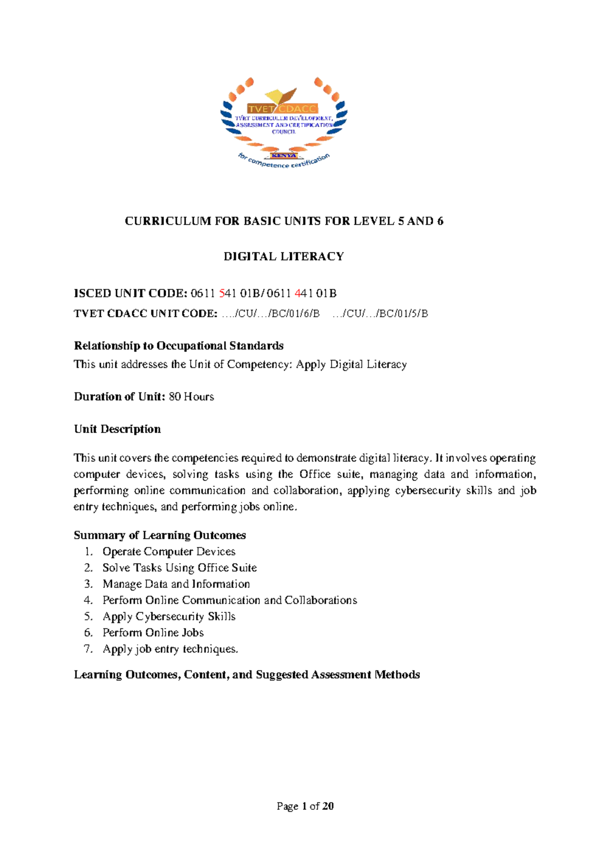 Digital Literacy Course Outline for TVET Level 5 and 6 Units - Studocu