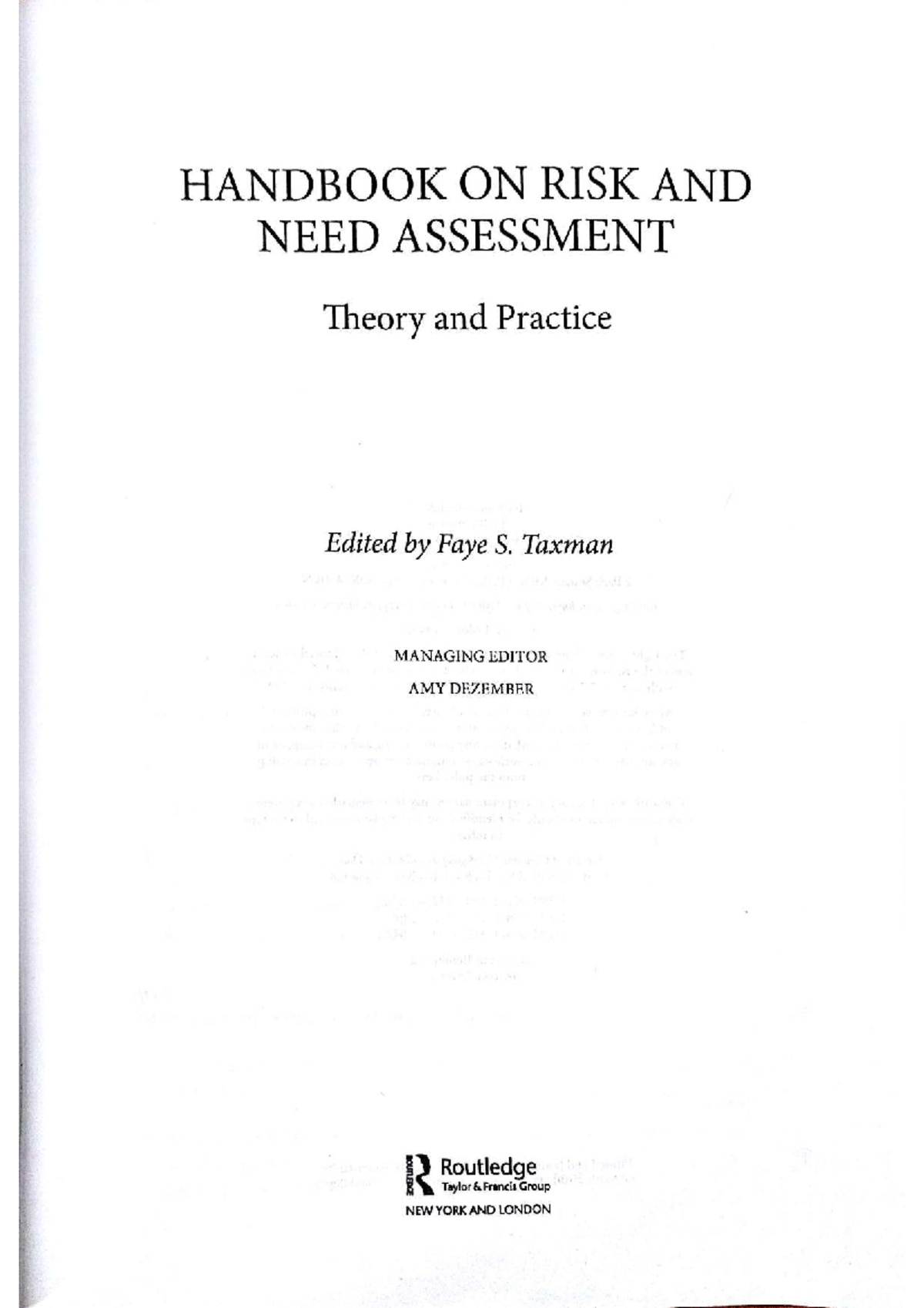 Risk and Need Assessment in Criminal Justice: An Overview (Course Code ...