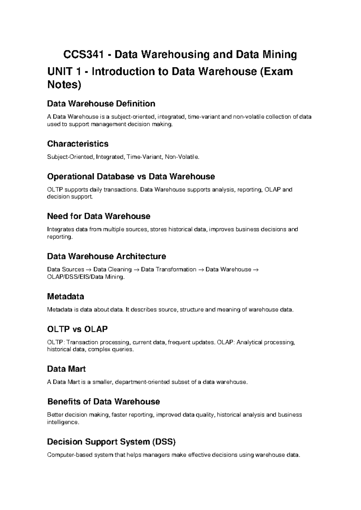 CCS341 Data Warehousing & Mining: Unit 1 Exam Notes - Studocu