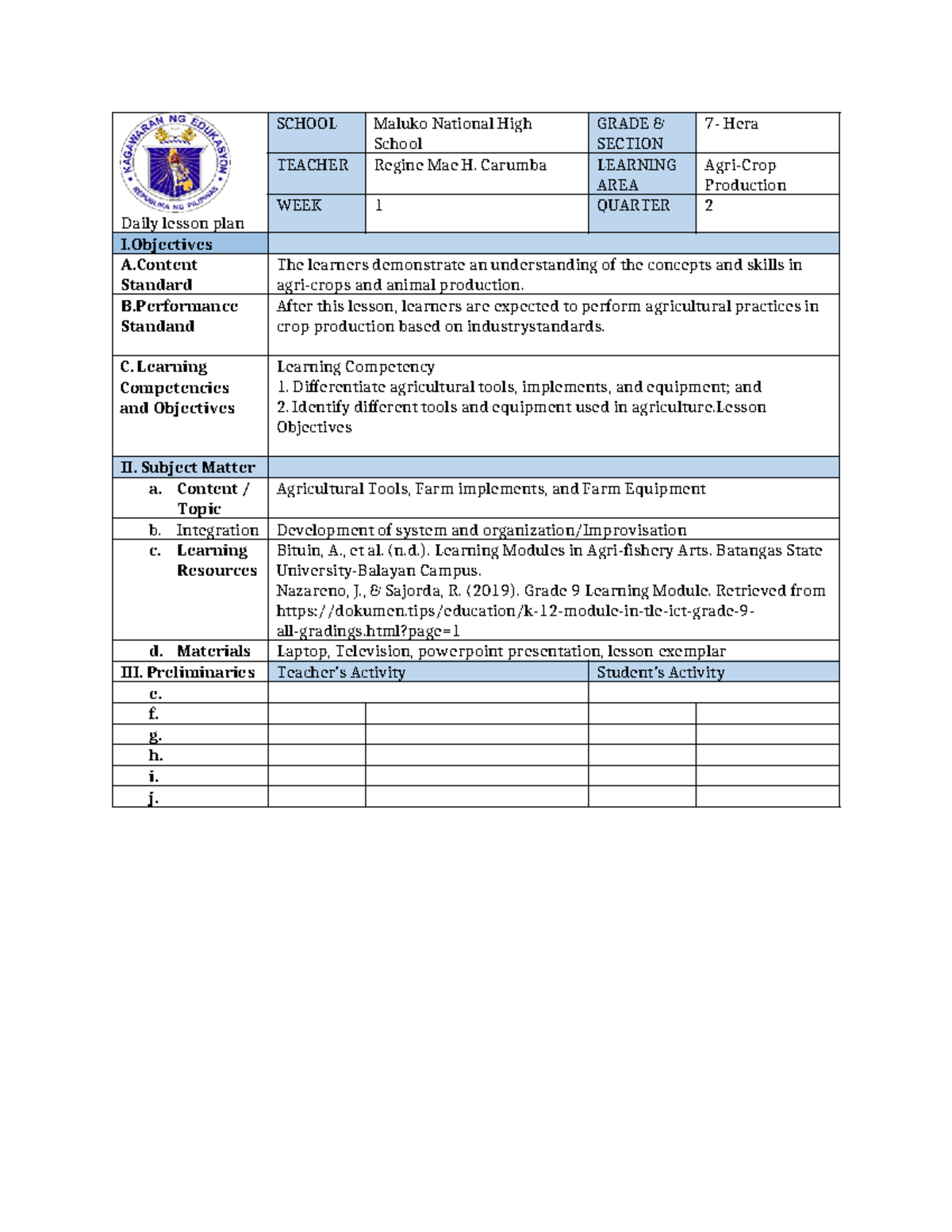 DLP 7 - Agri-Crop Production Lesson Plan for Week 1, Quarter 2 - Studocu