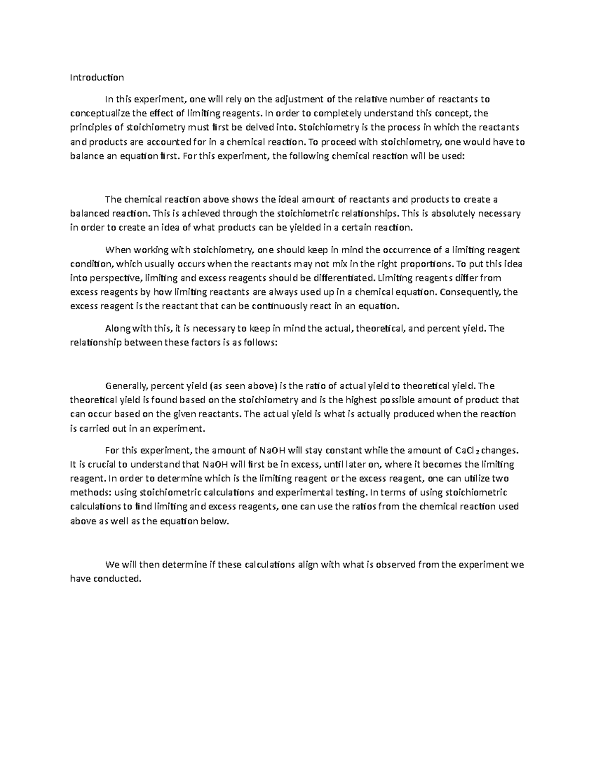 CHEM 101 Lab Report: Stoichiometry & Limiting Reagents Analysis - Studocu