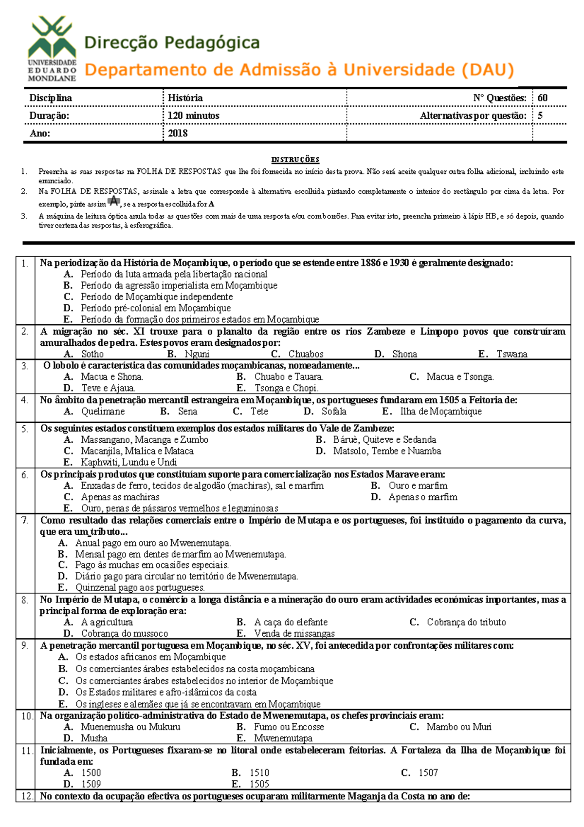 Exame de História da UEM - Questões e Instruções - 2018 - Studocu