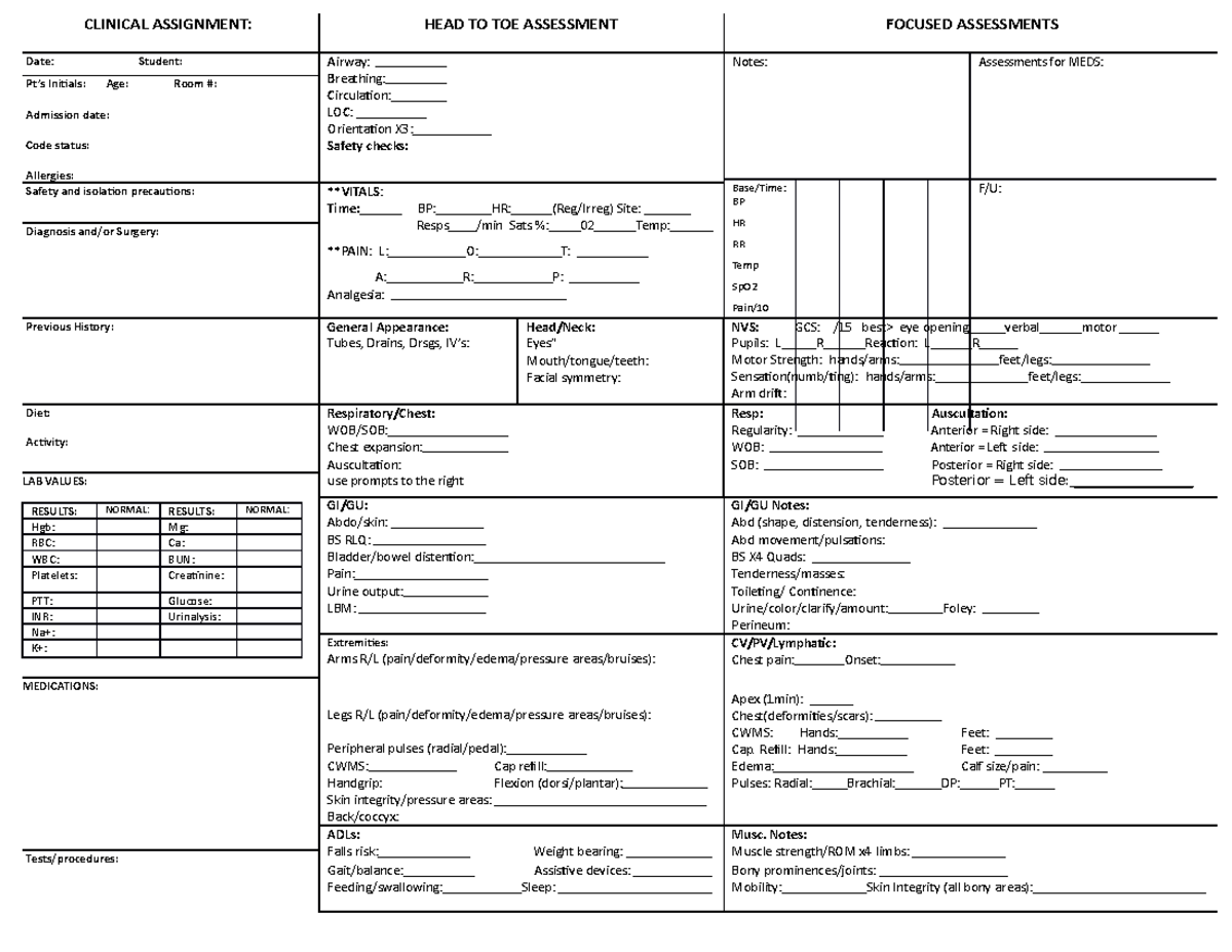 Clinical Assessment Cheat Sheet - Head to Toe Evaluation Template - Studocu