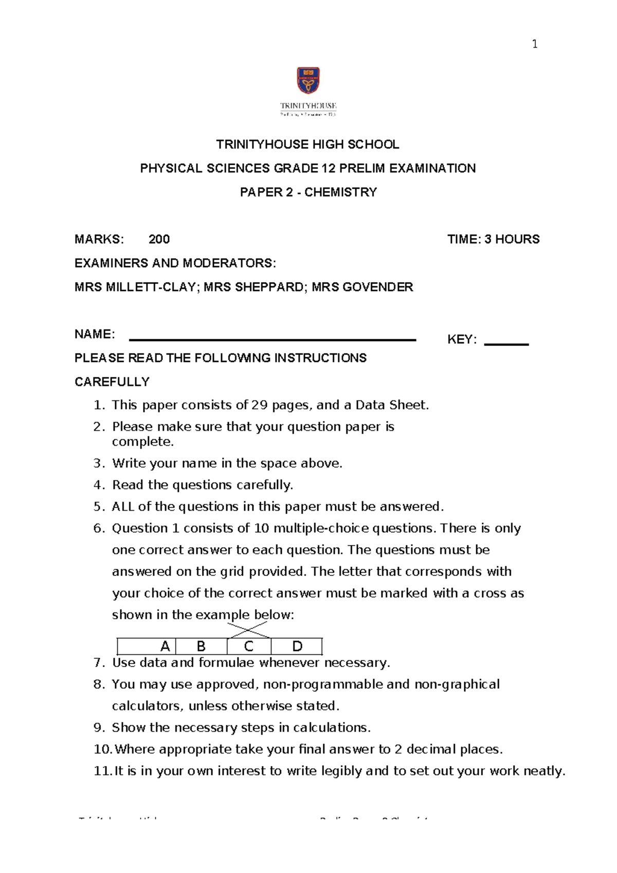 Trinityhouse High School Grade 12 Chemistry Prelim Exam Paper 2 2024 ...