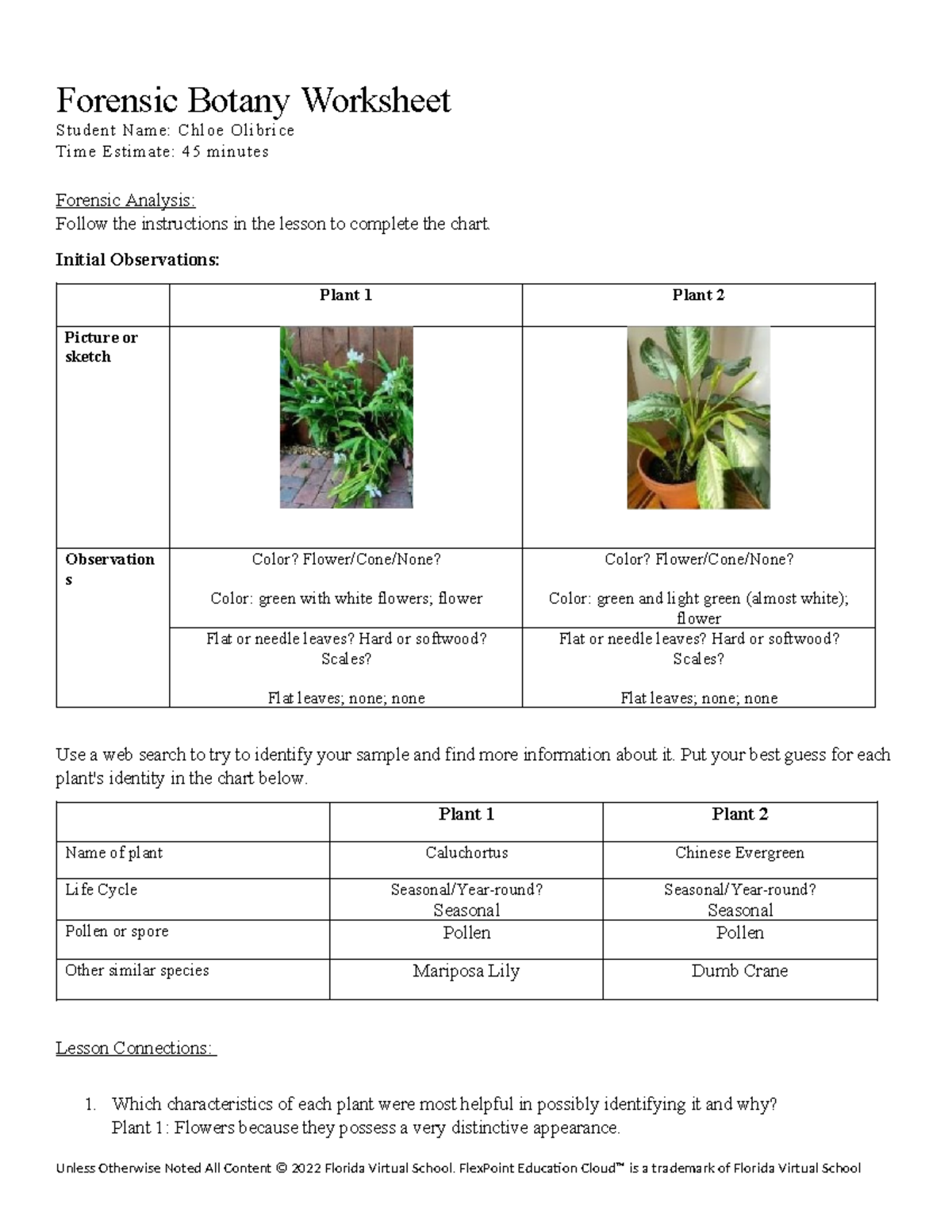 Forensic Botany Worksheet (Course Code: 02 05) Analysis and ...