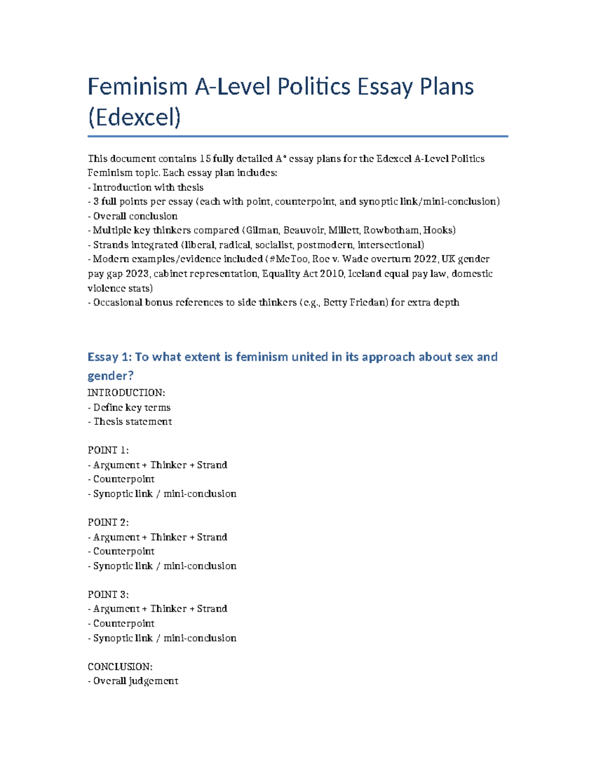 Feminism Politics Essay Plans (Edexcel) - Comprehensive Guide - Studocu