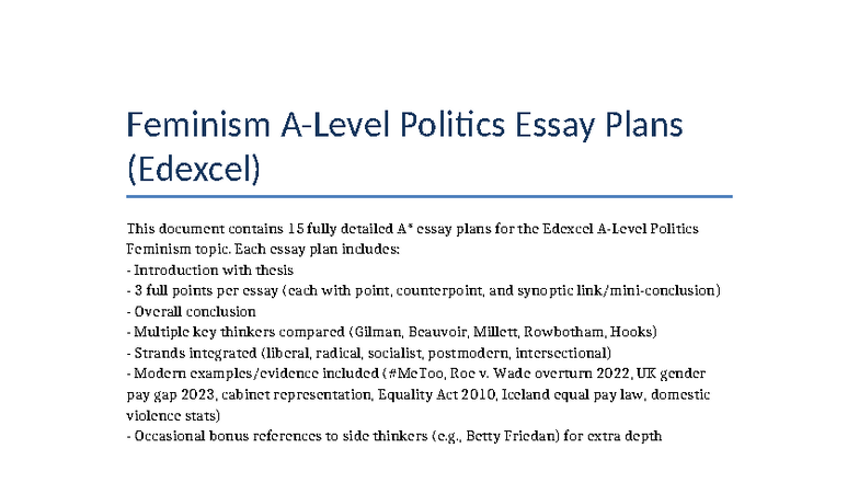 Feminism Politics Essay Plans (Edexcel) - Comprehensive Guide - Studocu