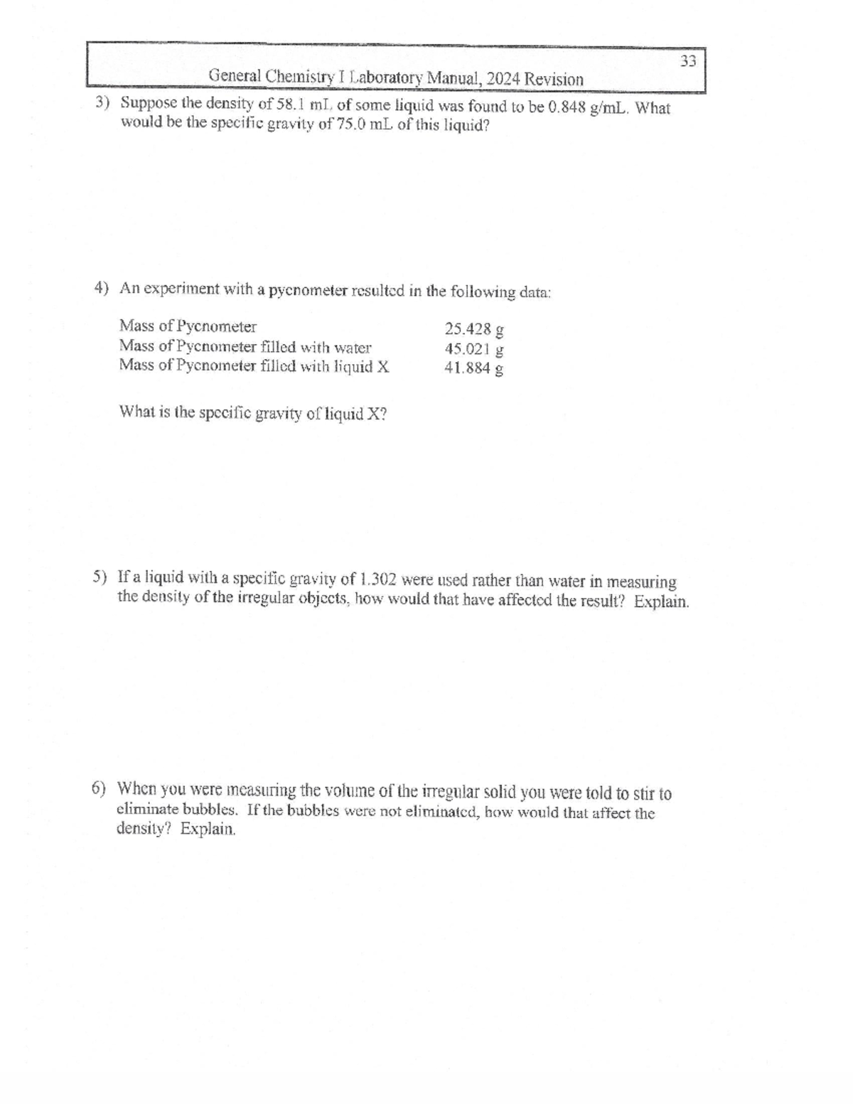 3334 - General Chemistry I Lab Manual: Density & Specific Gravity, 2024 ...