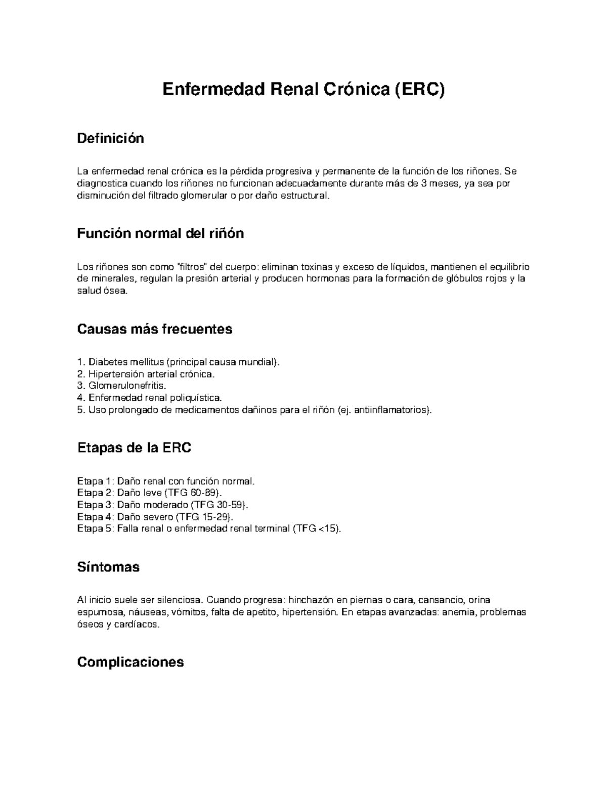ERC: Definición, Causas y Etapas de la Enfermedad Renal Crónica - Studocu