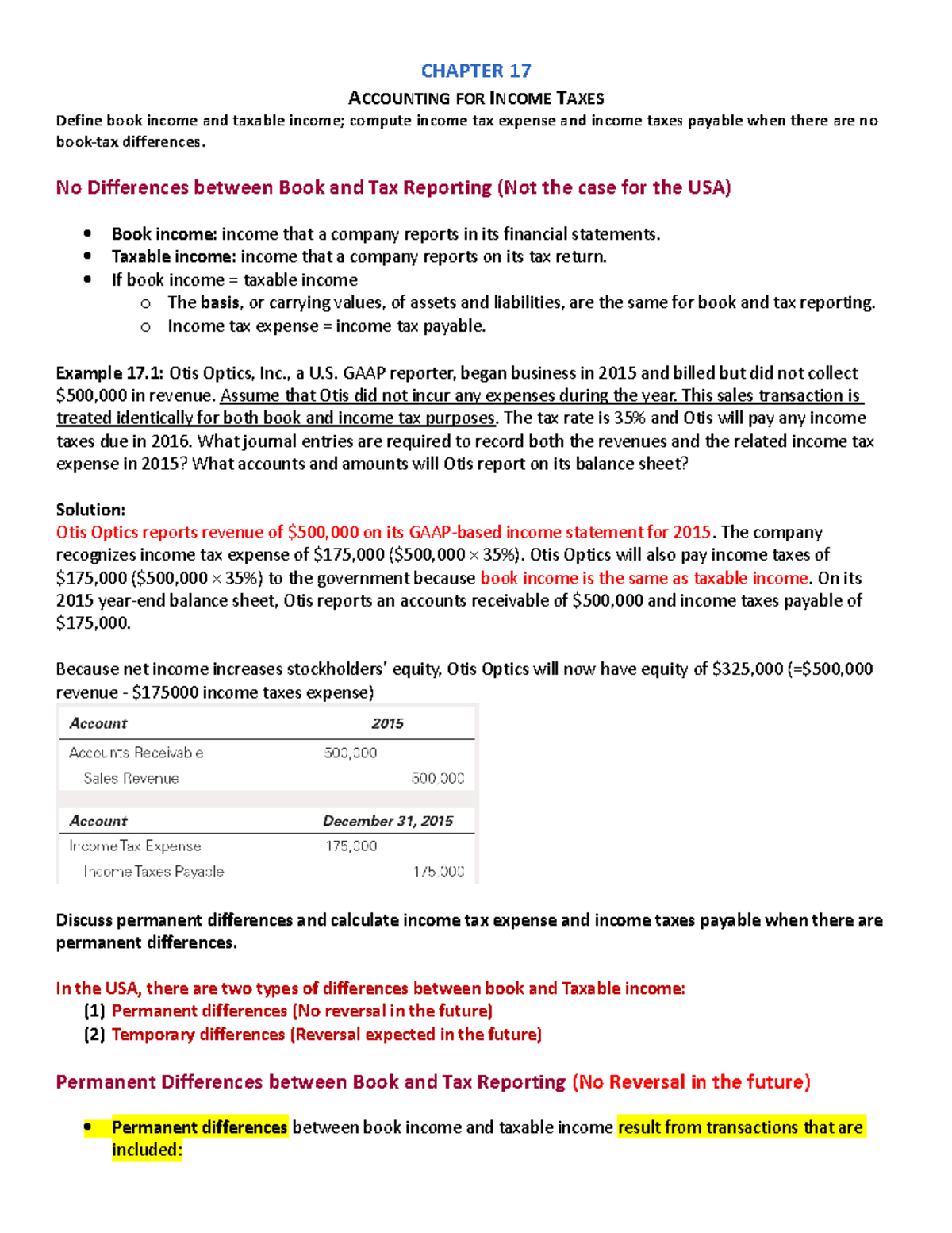 Chapter 17 Handout - Accounting for Income Taxes Explained - Studocu