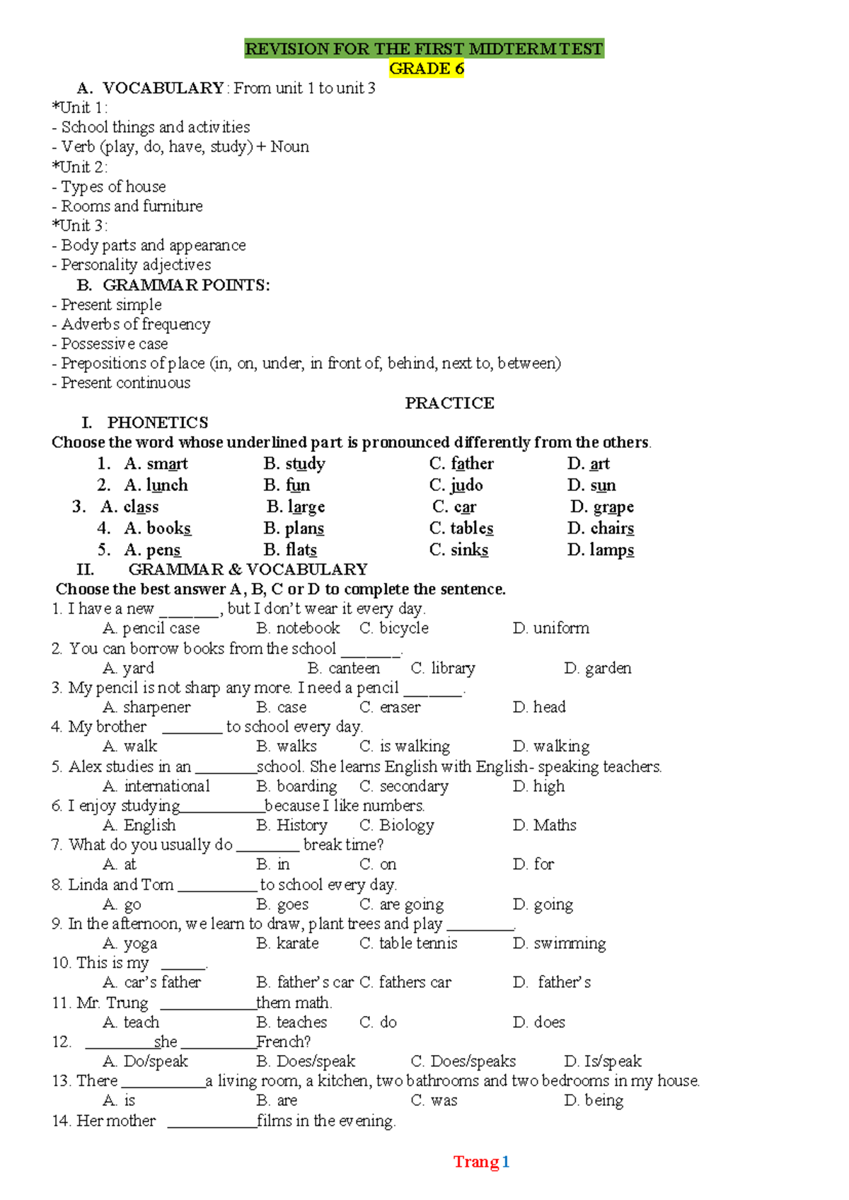 Eng 6 Midterm Review: Vocabulary & Grammar for Units 1-3 - Studocu