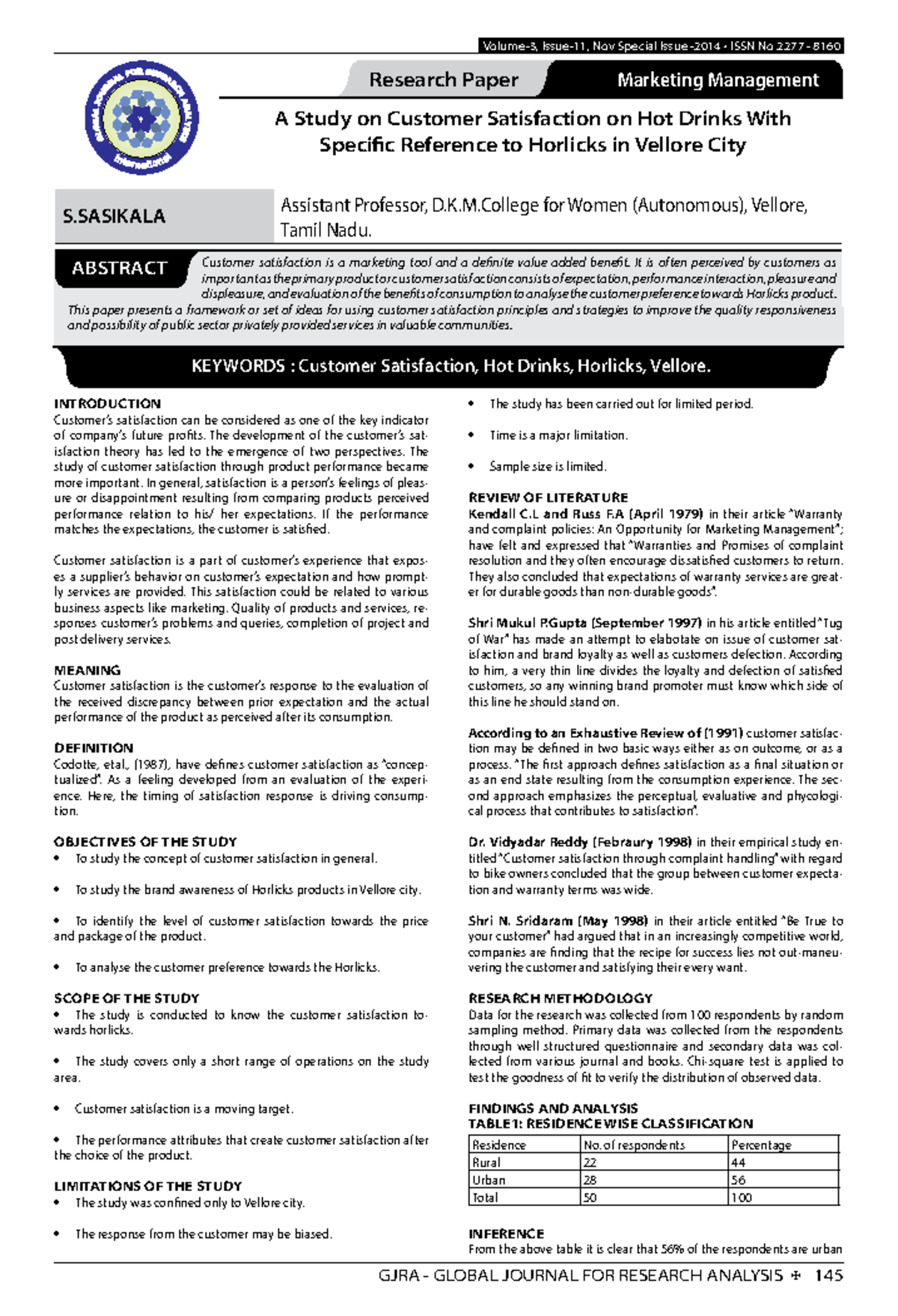 A Study on Customer Satisfaction of Horlicks in Vellore City - Research ...