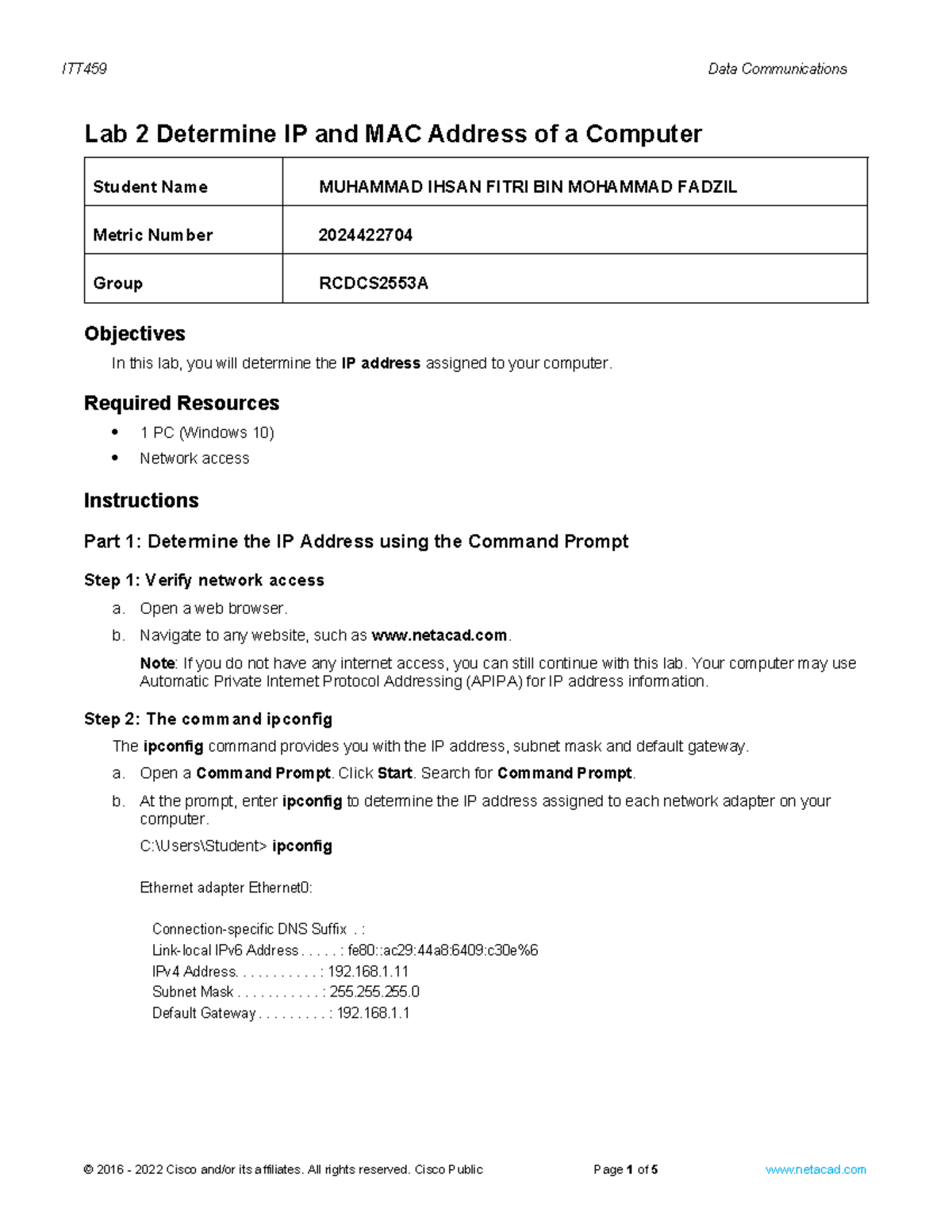 ITT459 Lab 2: Determine IP and MAC Address Configuration - Studocu