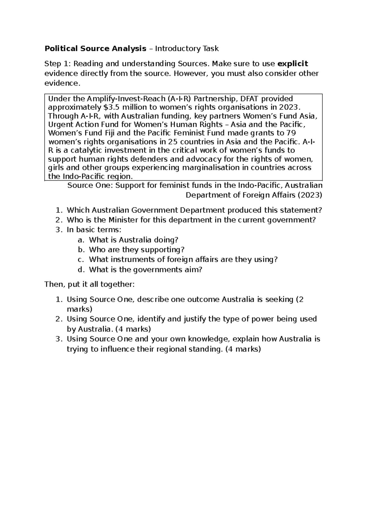 11 Politics - Intro to Source Analysis: Understanding DFAT's Role - Studocu
