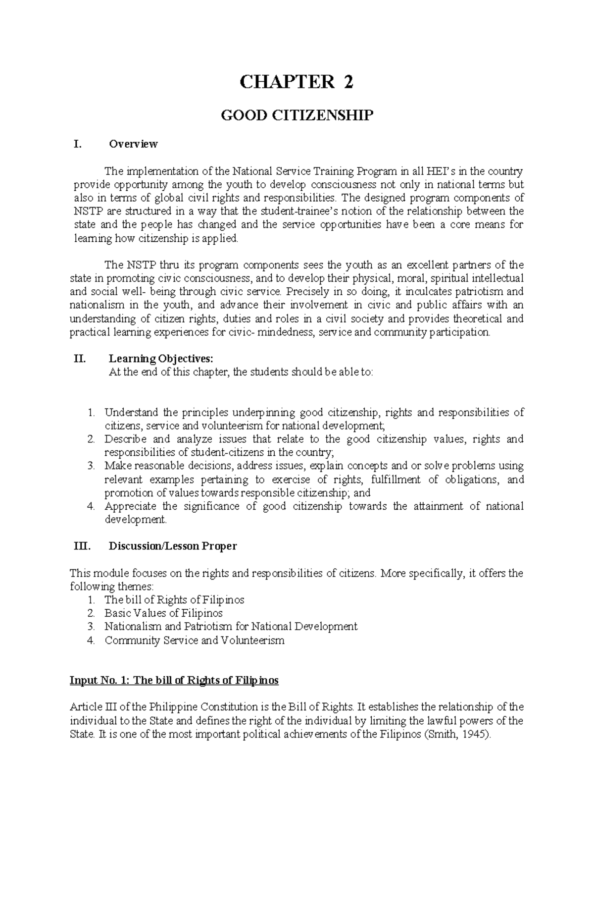Module 2 - Good Citizenship - CHAPTER 2 GOOD CITIZENSHIP I. Overview ...