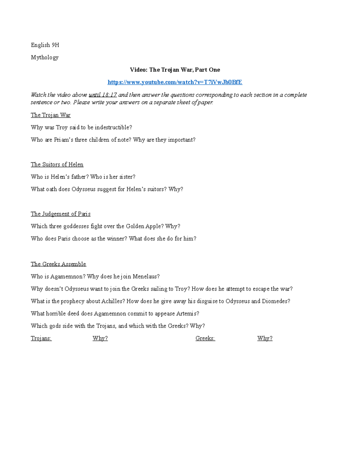 English 9H Study Guide: The Trojan War & Key Characters - Studocu