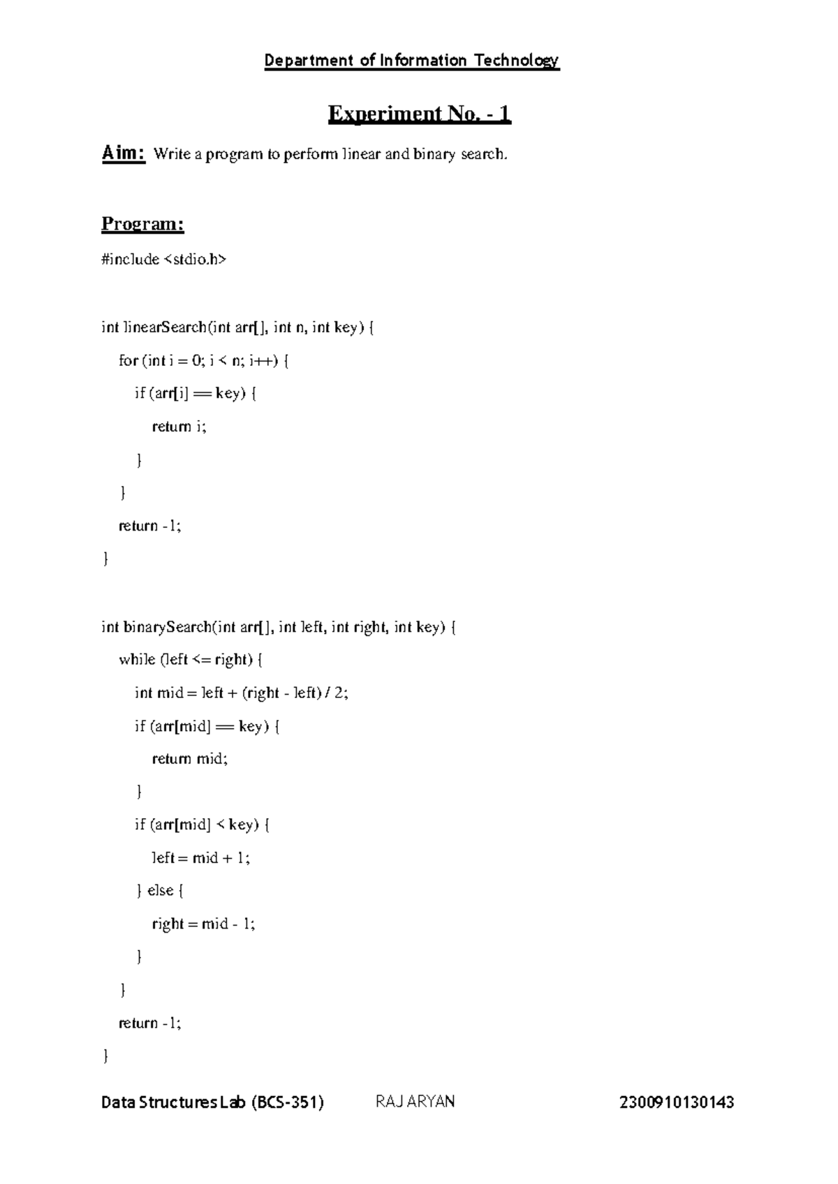 Data Structures Lab (IT 101) Experiment: Search & Sort Algorithms - Studocu