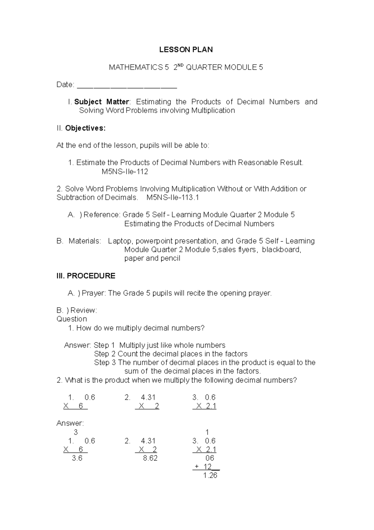 Lesson PLAN MATH 5 - LESSON PLAN MATHEMATICS 5 2ND QUARTER MODULE 5 ...