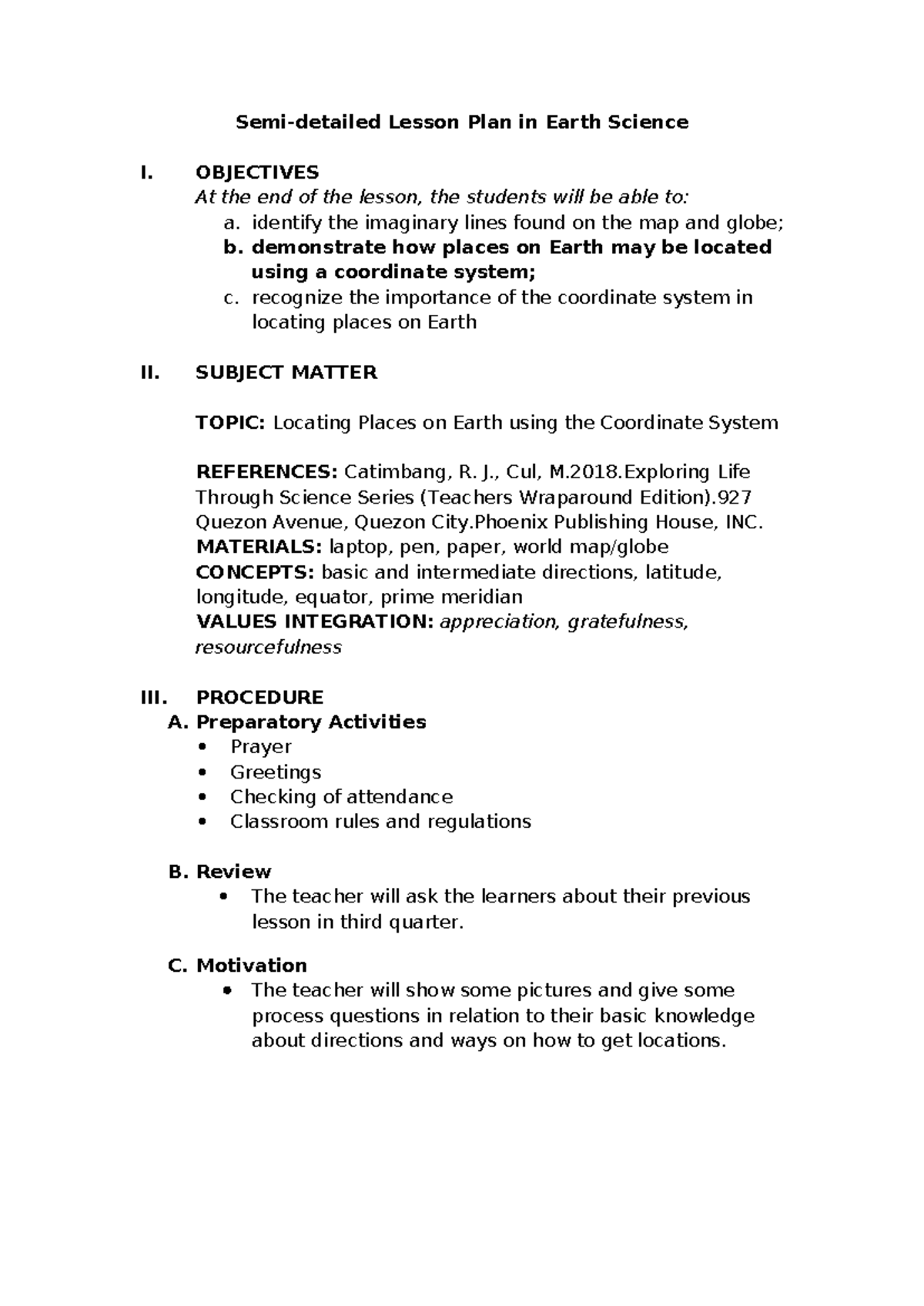 Semi-detailed Lesson Plan - Locating Places in Earth Science - Studocu