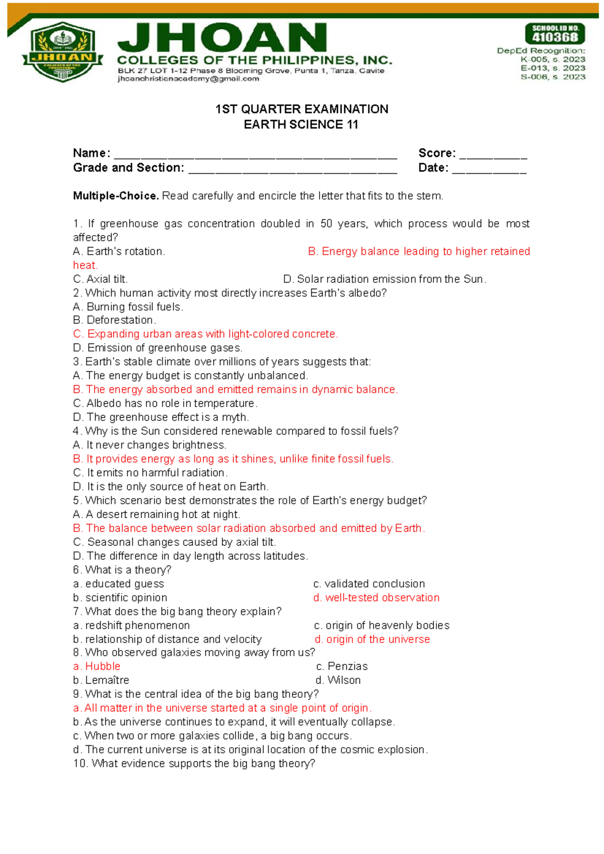 1ST QUARTER EXAMINATION EARTH SCIENCE 11 - REVIEW QUESTIONS - Studocu
