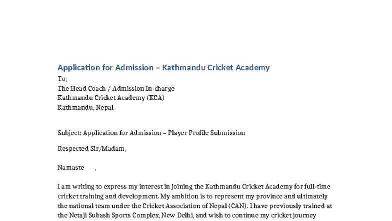 Application for Admission to Kathmandu Cricket Academy by Sitesh Kumar ...