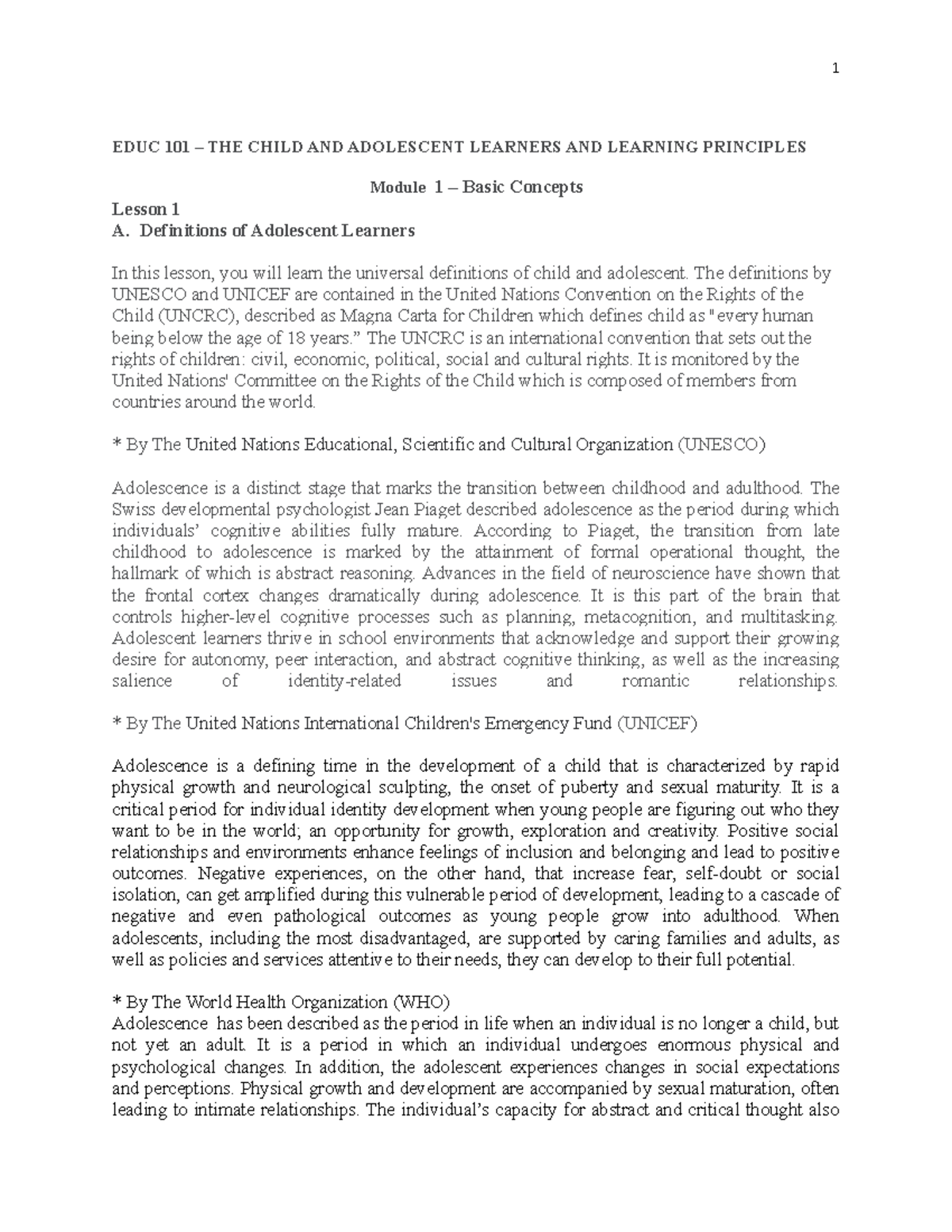 Educ 101-Module 1-Lesson 1A-Adolescent Learning Principles - Studocu