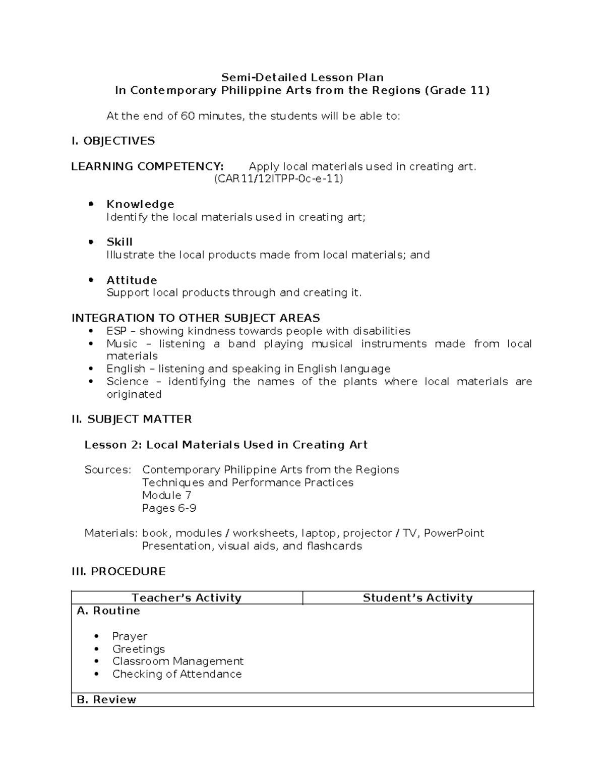 Grade 11 Lesson Plan: Local Materials in Philippine Arts (CAR11/12ITPP ...