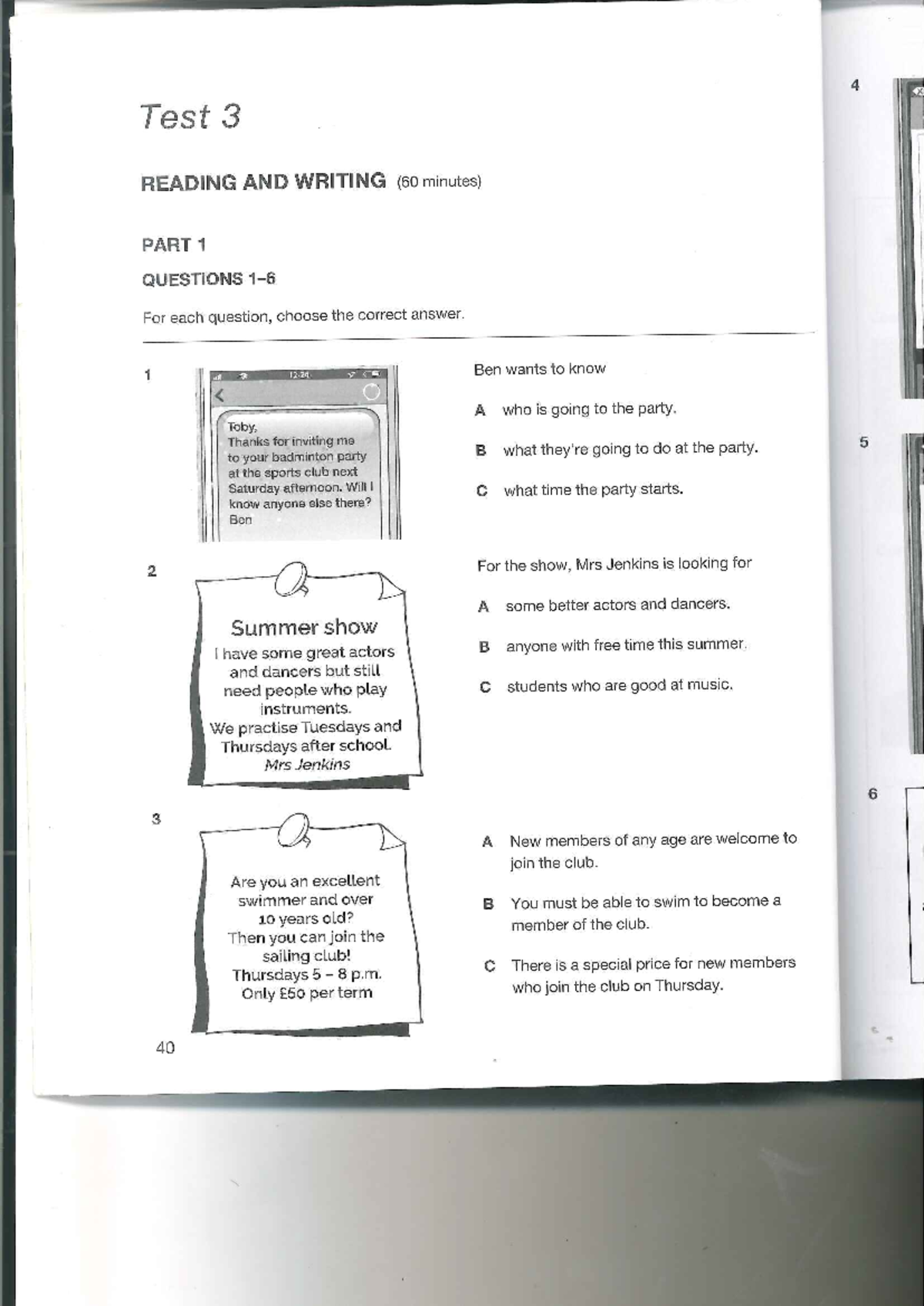 A2 KEY for Schools Book 1 Test 3 Reading and Writing Practice - Studocu