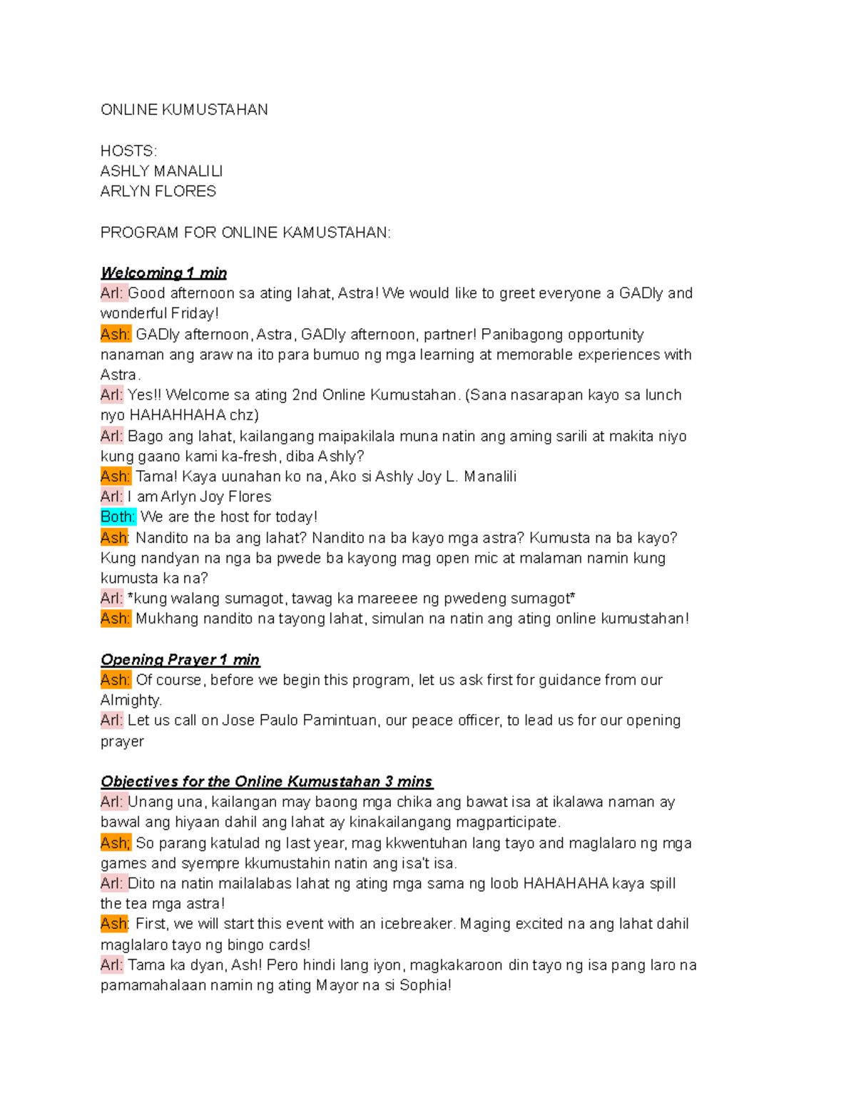 Script for Online Kumustahan: Engaging Activities and Icebreakers - Studocu