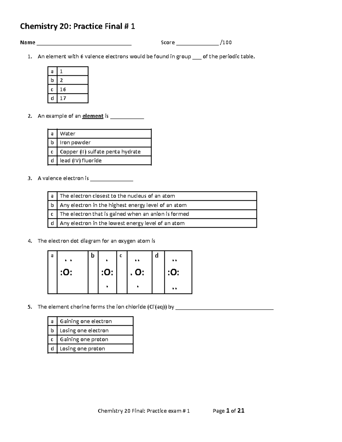Chemistry 20: Practice Final Exam Review - Studocu