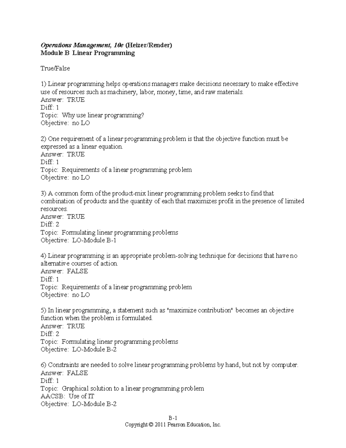 Linear Programming True/False & MCQs - OM10 Module B Notes - Studocu