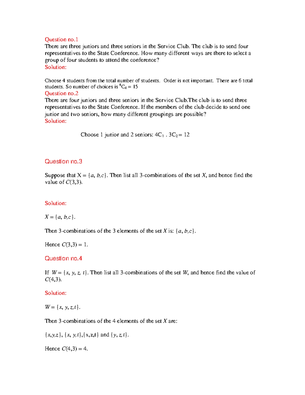 MTH 100 Practice Questions for Combinations and Selections - Studocu