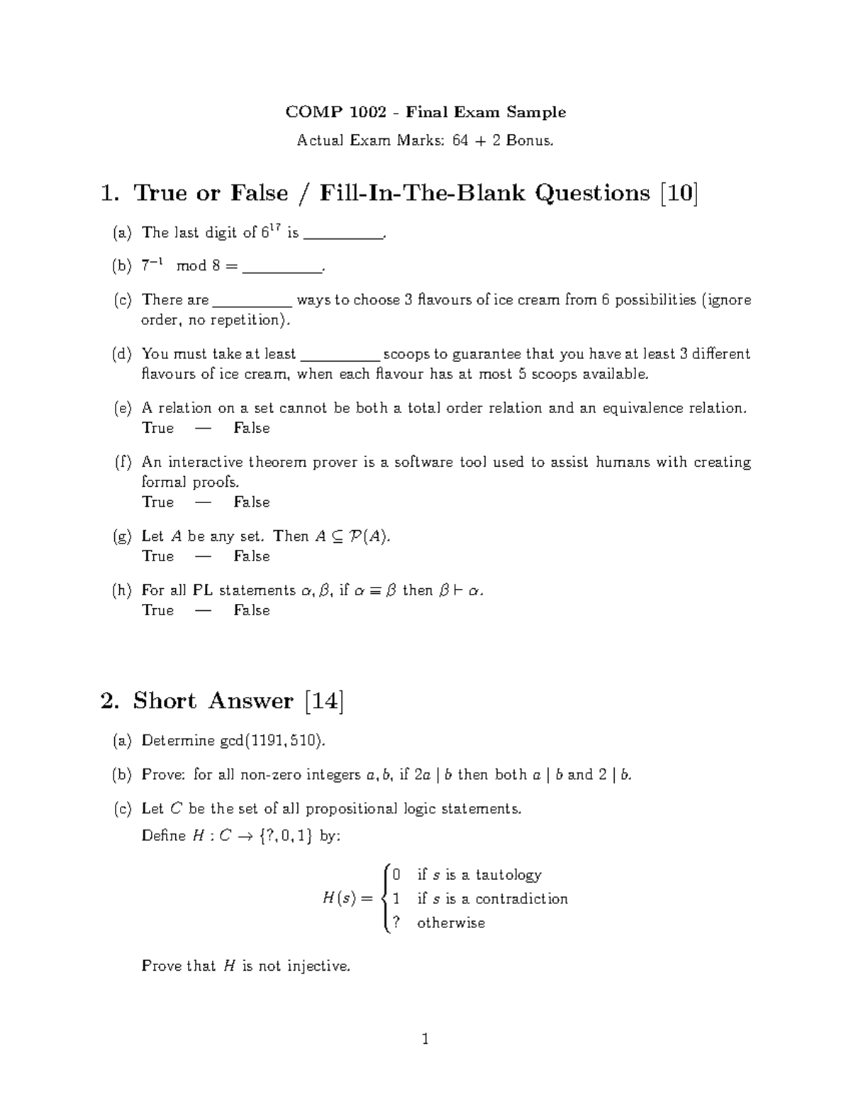 COMP 1002 Final Exam Sample Questions and Solutions - Studocu