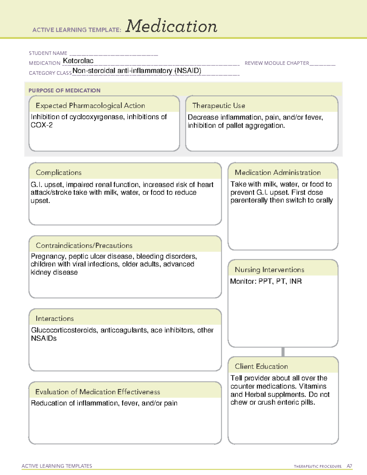 Ketorolac ATI Lab Sheet: Active Learning Template for Nursing - Studocu